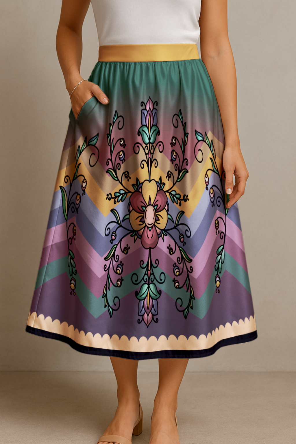 Rust & Ember Flower Song 05 Elastic Waist Pocket Midi Skirt