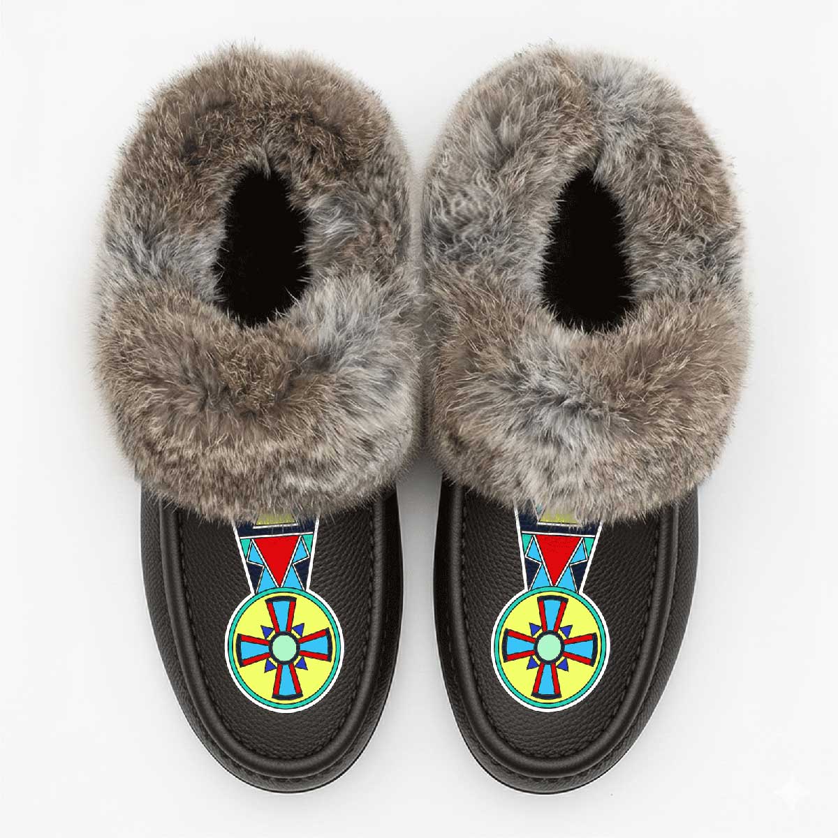 Firewheel Emblem Brown Leather Mottled Fur Moccasin